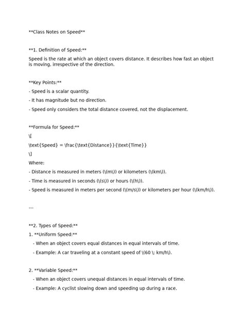 Speed Class Notes Pdf Speed Velocity