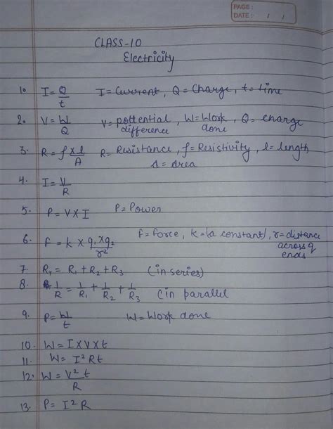 Science Formula Sheet Class 10