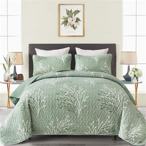 Sage Green Quilt Set Queen Size Branch Botanical Pattern