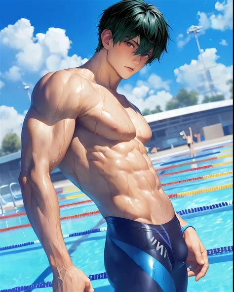 Anime Guy With Green Hair And No Shirt Standing In A Swimming Pool