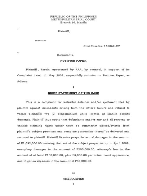 Sample Position Paper For Ejectment Pdf Lawsuit Lease