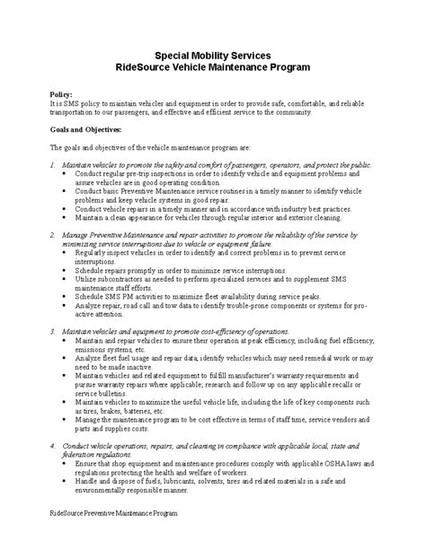 Sample Medium Maintenance Plan Special Mobility Services Ridesource
