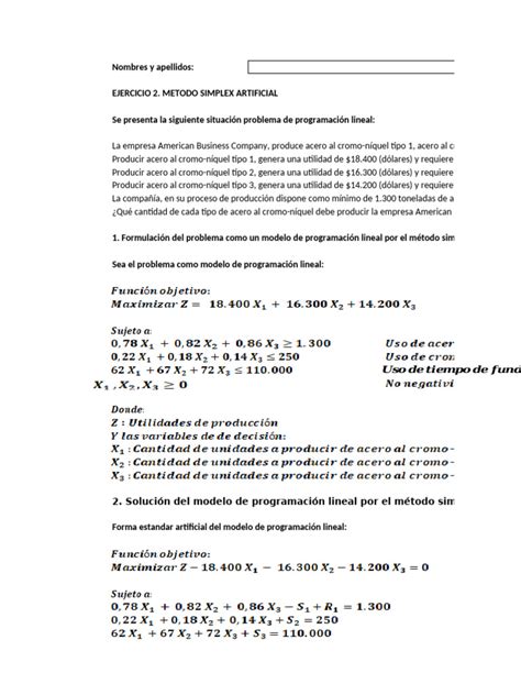 Solucion Ejercicio 2 Metodo Simplex Artificial Tarea 1 Pdf Análisis De Sistemas