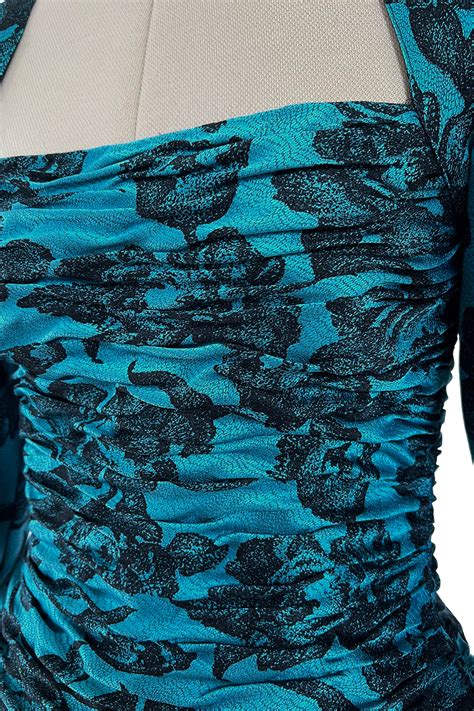 Late 1980s Emanuel Ungaro Teal Blue Printed Silk Mini Dress W Strong S