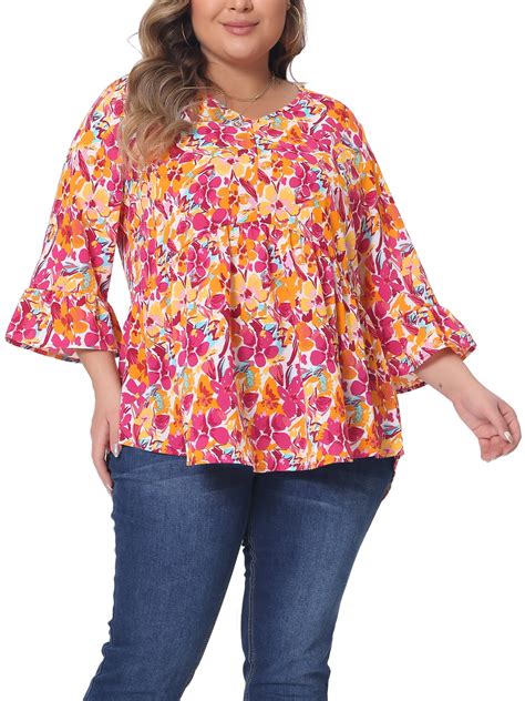 Agnes Orinda Womens Plus Size Floral Blouses V Neck Ruffle 3 4 Sleeves