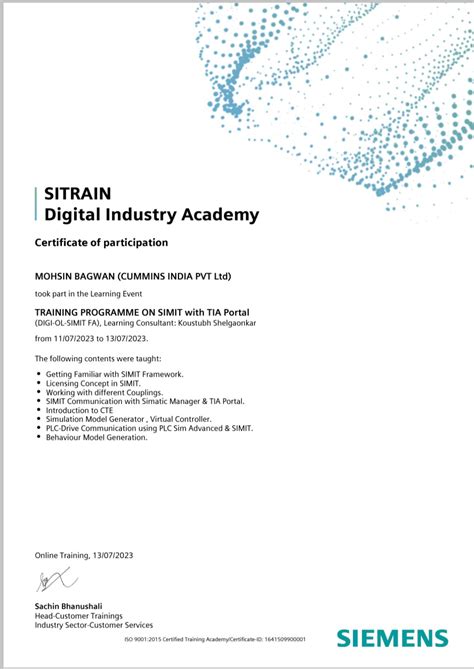 Completed Training Program On Simit With Tia Portal Siemens Simulation