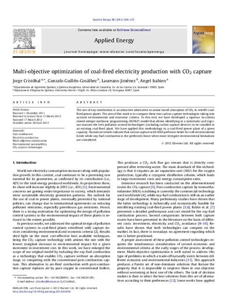 Pdf Multi Objective Optimization Of Coal Fired Electricity Production