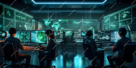 Premium Ai Image A Team Of Cybersecurity Experts In A Control Room Analyzing Data On Multiple