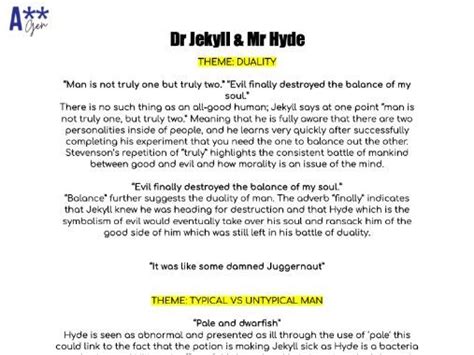 Aqa English Gcse Dr Jekyll And Mr Hyde Top Grade 9 Quote Analysis Booklet