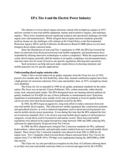 Epa Tier 4 And The Electric Power Industry Pdf Clean Air Act