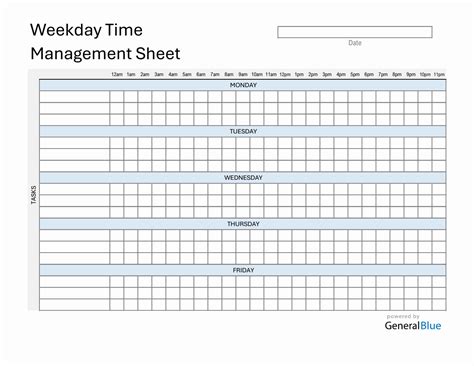 5 Day Weekday Time Management Sheet Excel