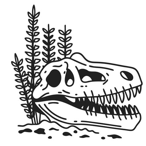 Dinosaur Skull Illustration With Ferns Prehistoric Fossil Ancient