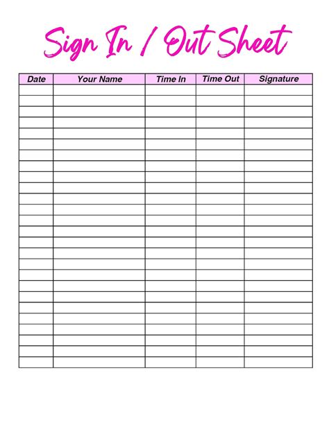 Sign In And Out Sheet Printable Form Editable Digital File Etsy