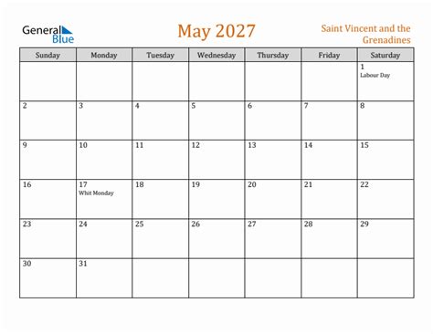 Free May 2027 Saint Vincent And The Grenadines Calendar