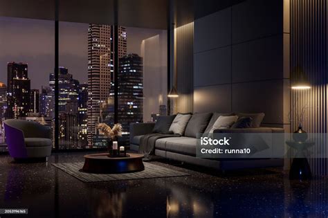 야경 도시 전망 3d 렌더링이 가능한 현대적인 스타일의 고급 블랙 거실 호화로움에 대한 스톡 사진 및 기타 이미지 호화로움 생활 방식 도시 Istock