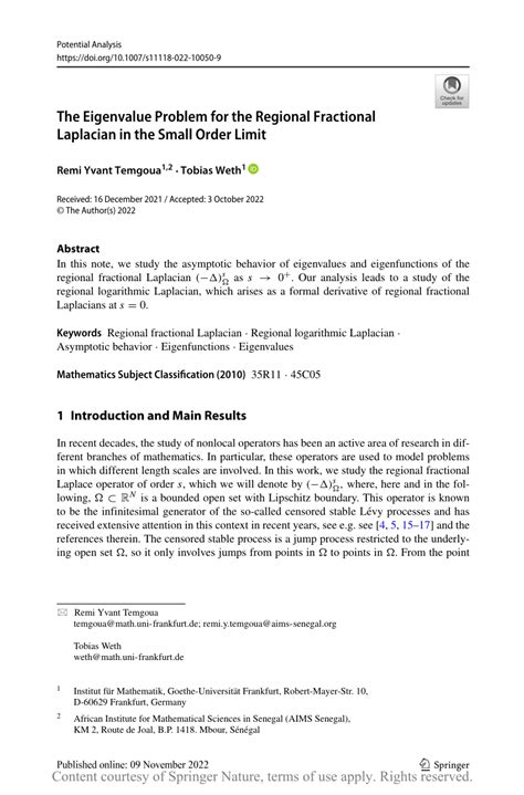 Pdf The Eigenvalue Problem For The Regional Fractional Laplacian In The Small Order Limit