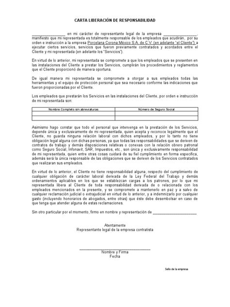 Carta Responsiva Para Ingreso De Contratistas Descargar Gratis Pdf