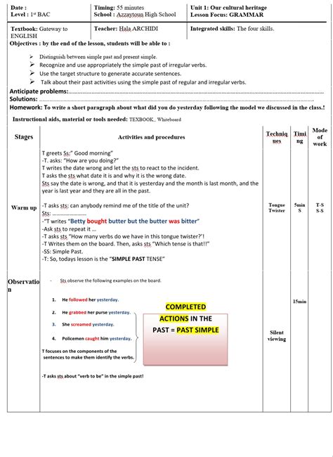 Unit 1 Grammar Simple Past 1bac Gateway Lesson Plan