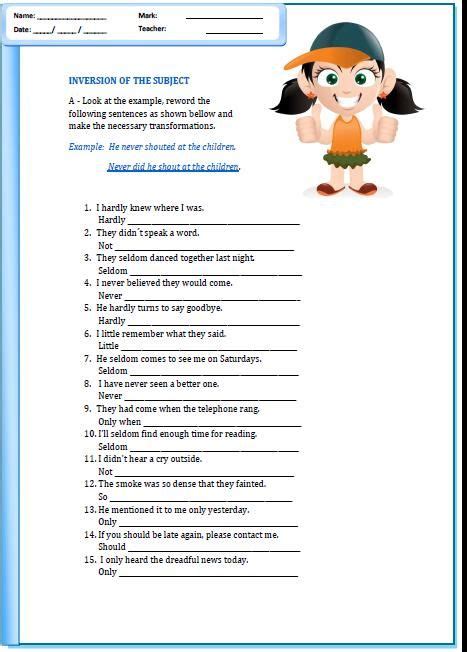 Inversion Of The Subject Worksheet In 2025 Inversions Subjects Worksheets