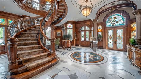 Magnificent Ornate Marble And Wood Foyer With Spiral Staircase And