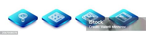 Set Isometric Line Magnifying Glass With Check Mark Browser Files Web