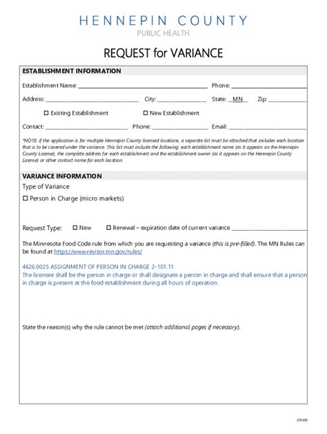 Fillable Online Food Establishment Variance Request Form Fax Email