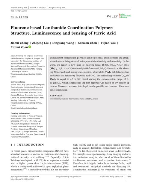 Fluorene‐based Lanthanide Coordination Polymer Structure Luminescence