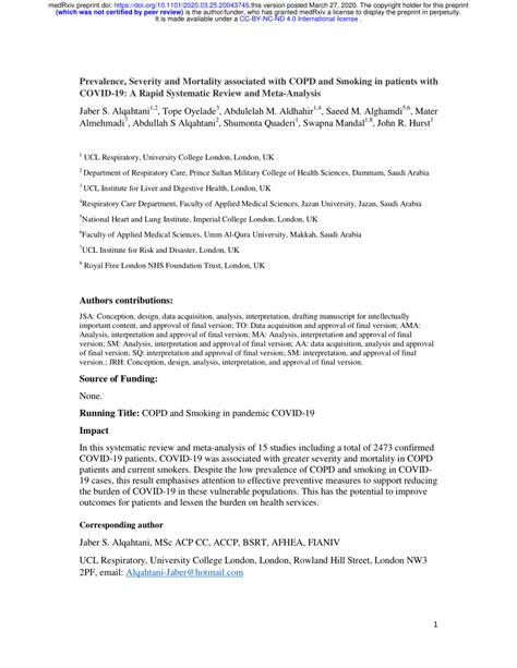 Pdf Prevalence Severity And Mortality Associated With Copd And