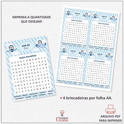 Caça Palavras De Chá De Bebê Ursinho Aviador Estúdio Creatus