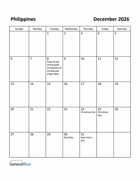 December 2026 Monthly Calendars With Philippines Holidays