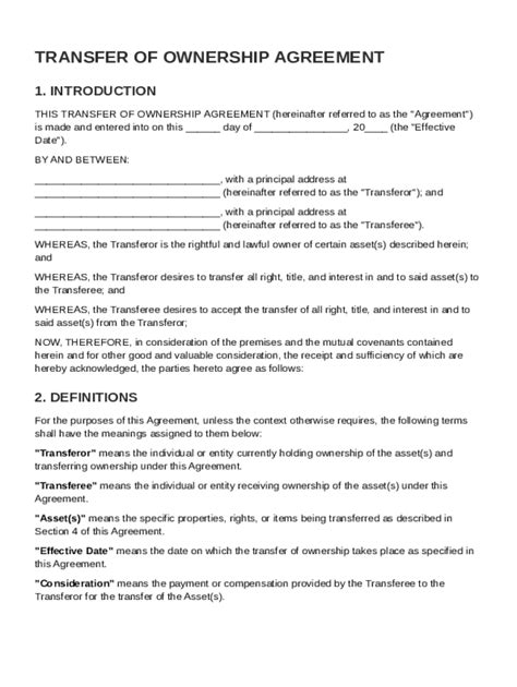 Transfer Of Ownership Agreement Template Blank Fillable Template