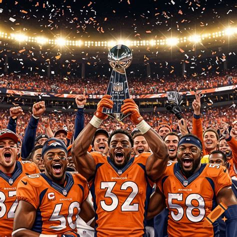 Denver Broncos Players Celebrate Winning The Super Bowl Holding The