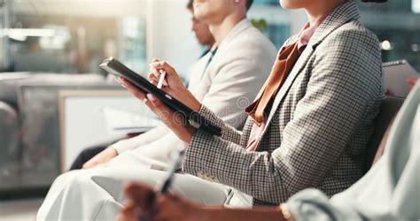 Presentation Audience And Business People On Tablet For Notes