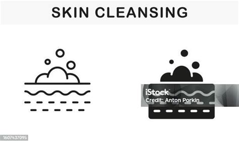 피부 미용 시술 기호 모음 크림 젤 샴푸 얼굴에 무스 바디 스킨 픽토그램 피부에 거품을 일으켜 딥 클렌징 라인과 실루엣 아이콘 세트 격리된 벡터 그림 비누 거품에 대한 스톡