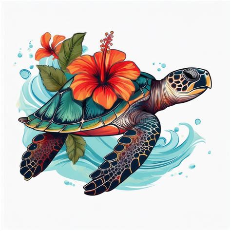 Vibrant Sea Turtle Swimming Gracefully With A Beautiful Hibiscus Flower In Neo Traditional