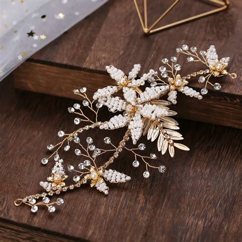 Schöne Gold Haarschmuck Braut 2020 Metall Blatt Strass Perlenstickerei Kopfschmuck Hochzeit