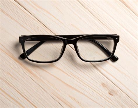 Black Rectangular Eyeglasses On Light Wooden Table Stock Illustration