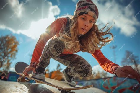 Premium Photo Board Queens Female Skateboarder Highlighting The Skill