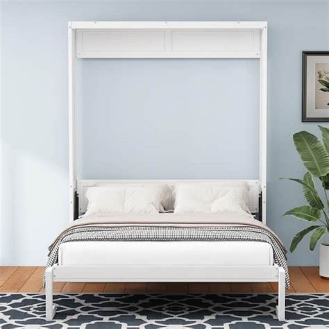 Harper And Bright Designs White Wood Frame Full Size Murphy Bed Folding Wall Bed With Desktop