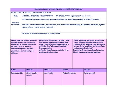 Planificacion Diciembre A Enero Programa Tardes De Juego En Mi Jardin