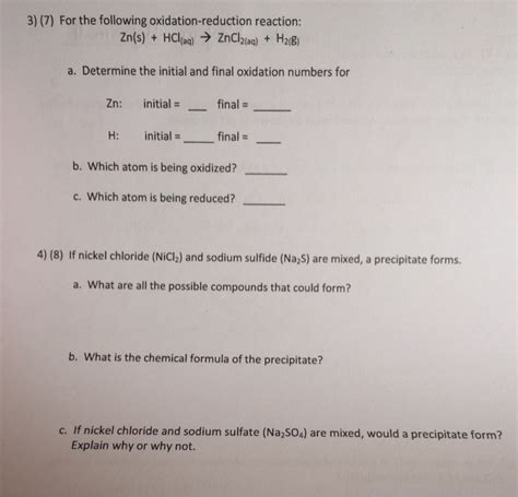 Solved For The Following Oxidation Reduction Reaction Zn S