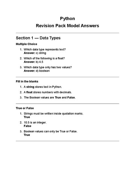 Python Revision Pack Model Answers Data Types And Control Structures
