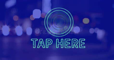 Image Of Tap Here Text Over Cityscape At Night On Blue Background Stock