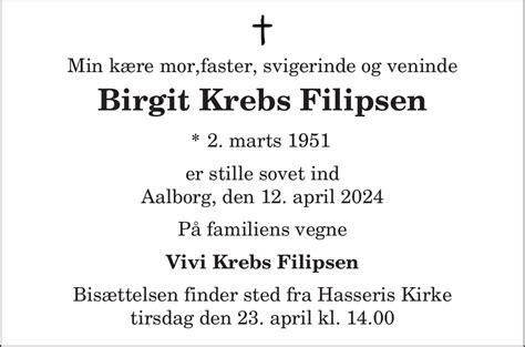 Dødsannonce For Birgit Krebs Filipsen Nordjyskedk