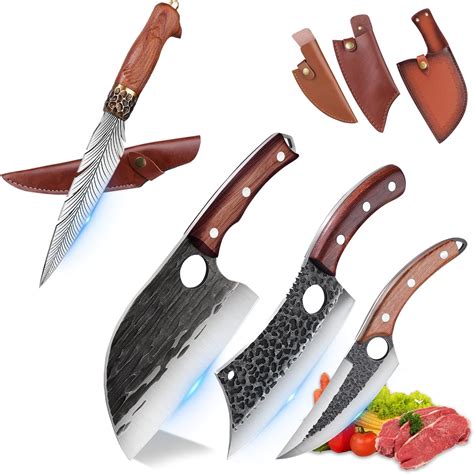 Rococo Feather Knife 3pcs Butcher Cleaver Knife Set Boning Meat Cleaver Knife High