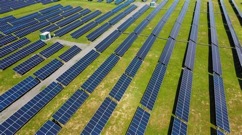 Aerial View Top View On Blue Solar Pannels Green Energy Pannels In