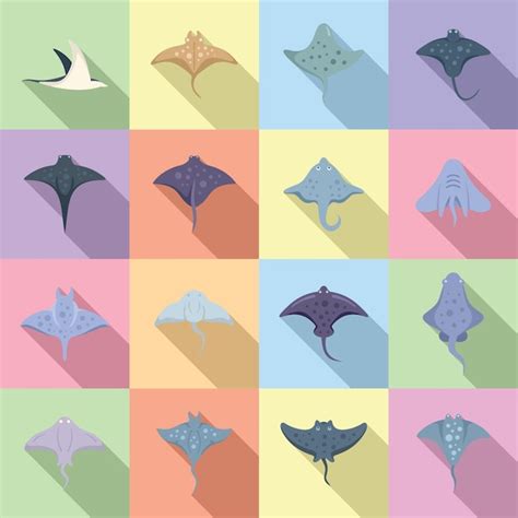 Premium Vector Stingray Icons Set Flat Vector Ocean Fish