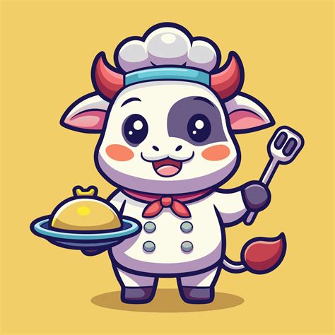 Cute Cow Chef Cartoon Character Holding A Food Platter And Spatula