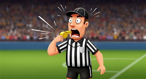 Cartoon Referee Blowing Whistle In Stadium Stock Illustration