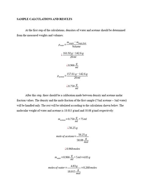 Sample Calculations And Results Pdf Density Chemistry